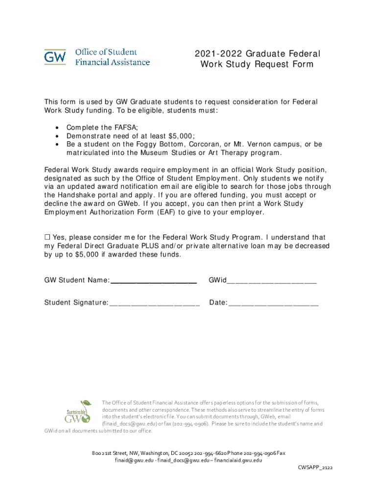 Fillable Online PDF 2021-2022 Graduate Federal Work Study Request Form Fax Email Print - pdfFiller