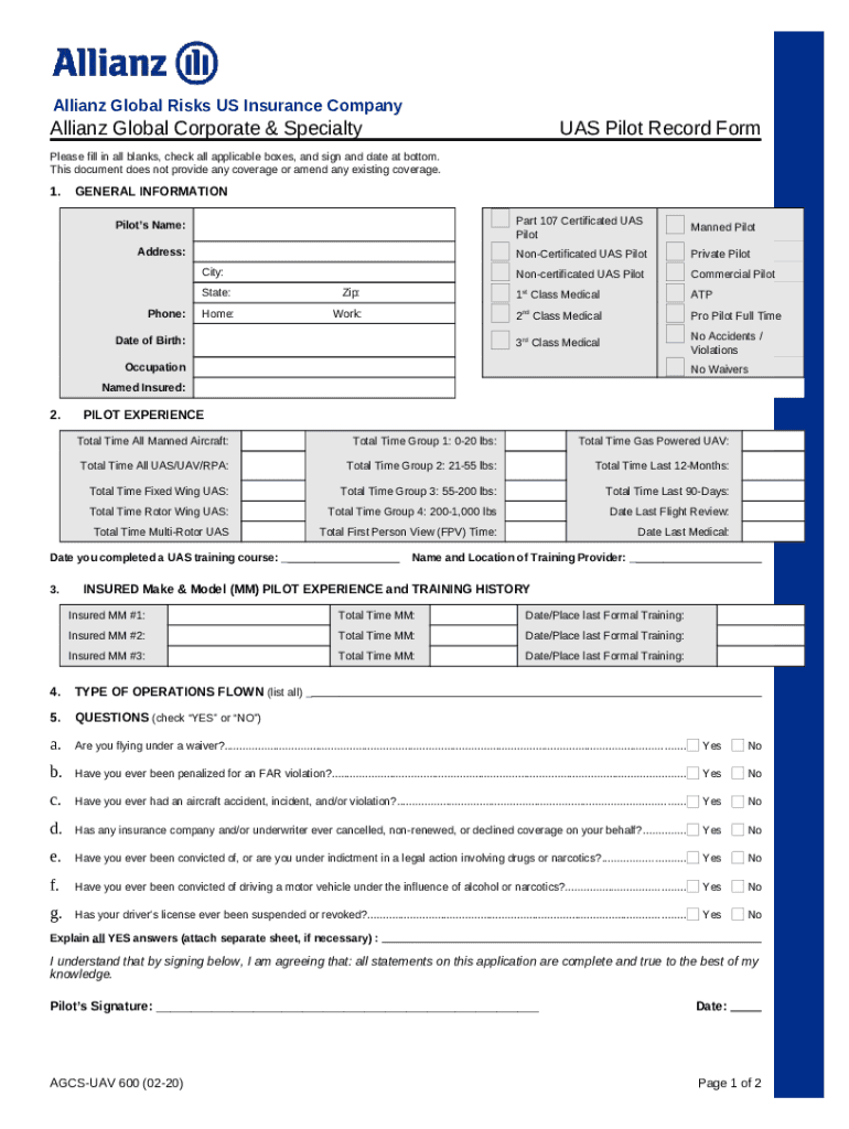 Allianz Global Corporate & Specialty Pilot Record Doc Template | pdfFiller