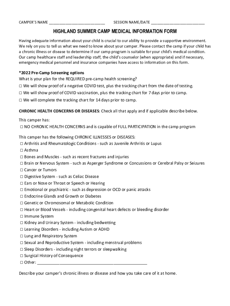 Fillable Online highlandretreat.orgwp-contentuploadsHIGHLAND SUMMER CAMP MEDICAL INFORMATION ...