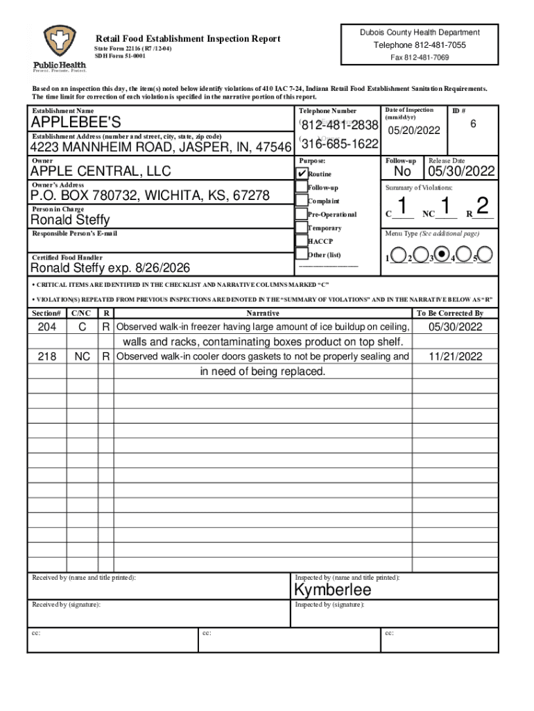 Fillable Online cms7files1.revize.com 05Retail Food Establishment Inspection Report Dubois ...