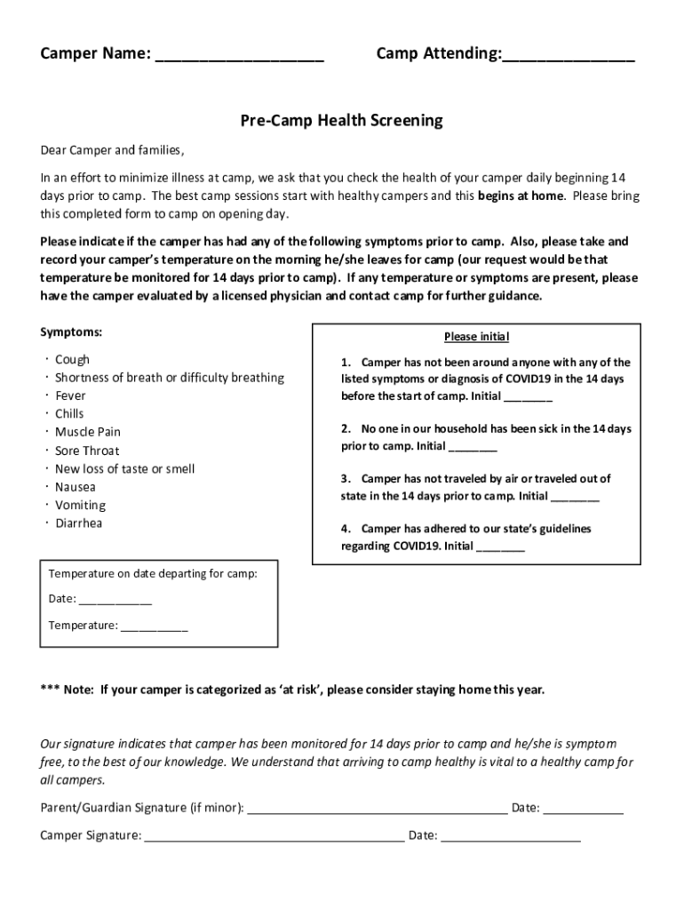 Fillable Online PRE-CAMP HEALTH SCREENING FORM - Scouting Event Fax ...