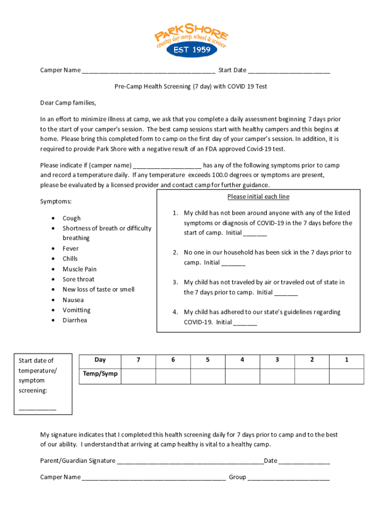 Fillable Online SUMMERS BEST TWO WEEKS Pre-Camp Health Check ...