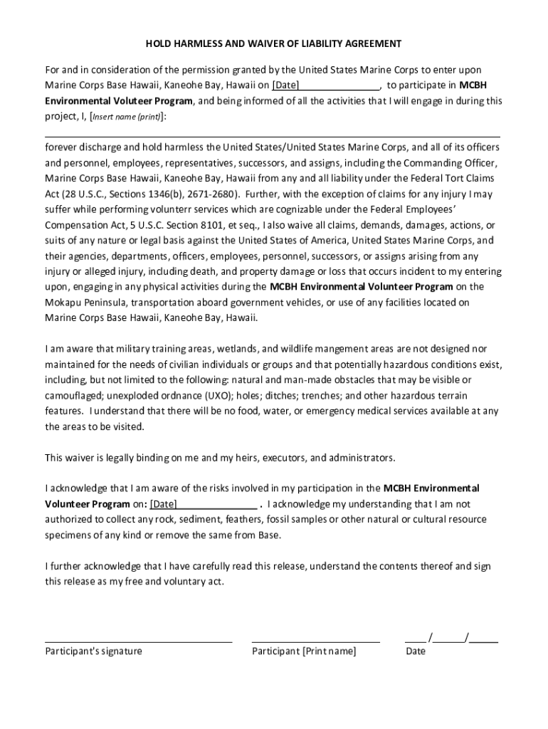 Fillable Online www.mcbhawaii.marines.milPortals114HOLD HARMLESS AND ...