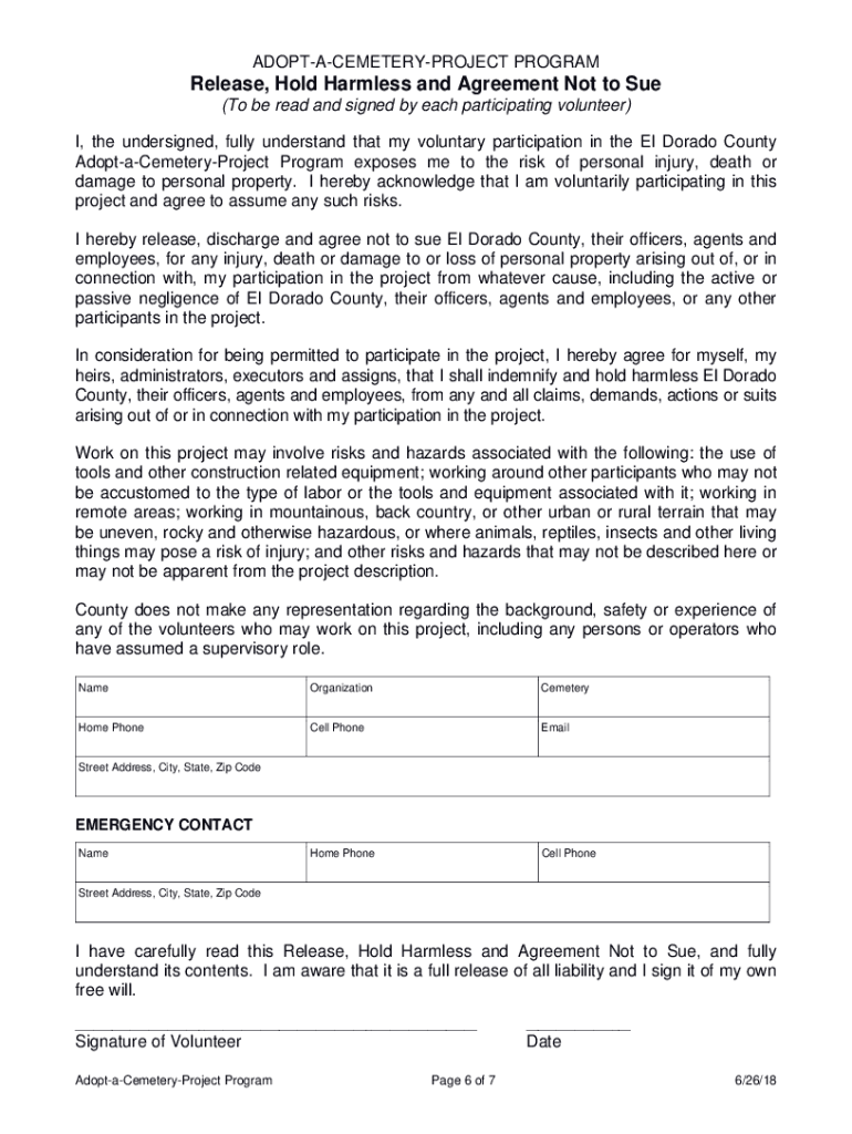 Fillable Online ADOPT-A-CEMETERY-PROJECT PROGRAM Release, Hold Harmless ...