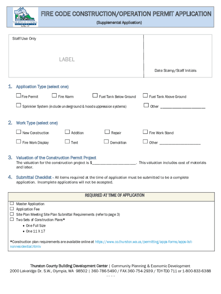Fillable Online FIRE CODE CONSTRUCTION/OPERATION PERMIT APPLICATION Fax ...