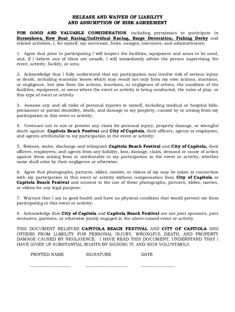 Fillable Online RELEASE AND WAIVER OF LIABILITY AND ASSUMPTION OF RISK ...