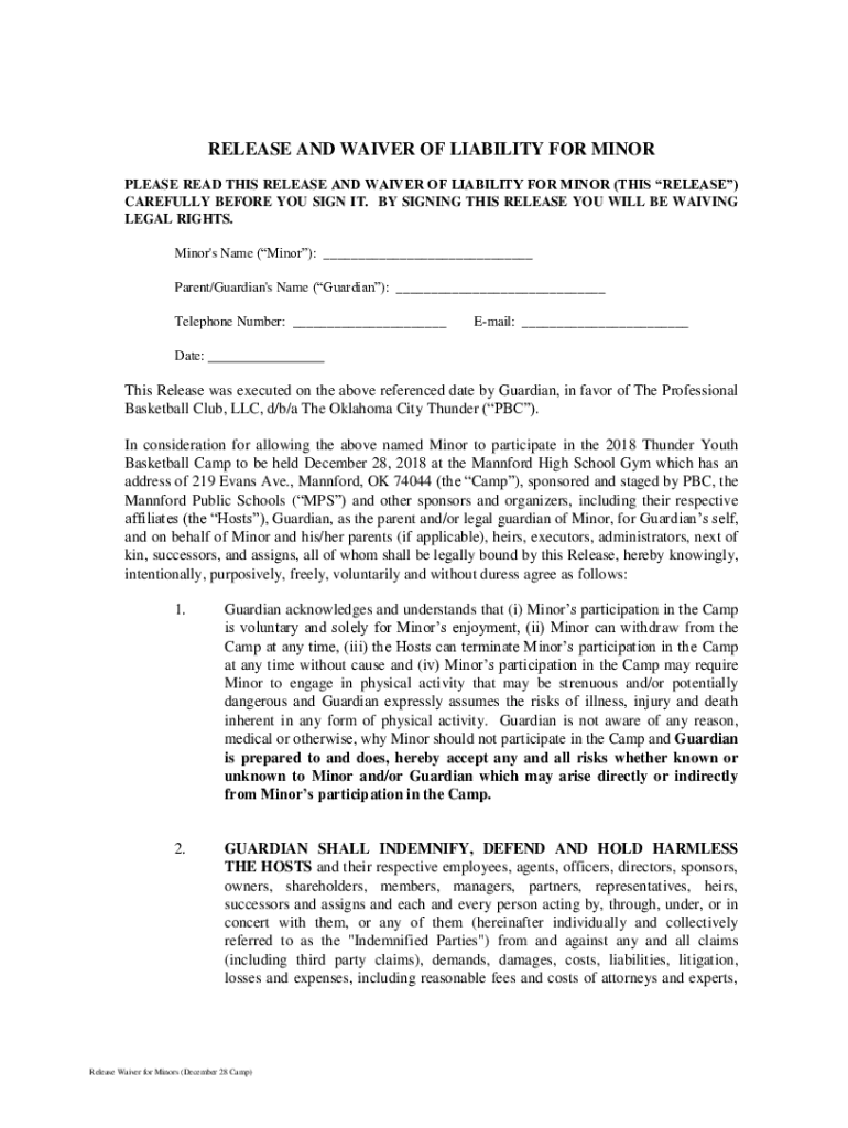 Fillable Online RELEASE AND WAIVER OF LIABILITY Sample Clauses - Law ...