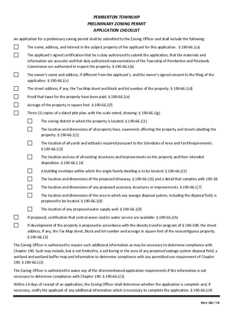 Fillable Online cms8.revize.comrevizepembertontwpnjPEMBERTON TOWNSHIP PRELIMINARY ZONING PERMIT ...