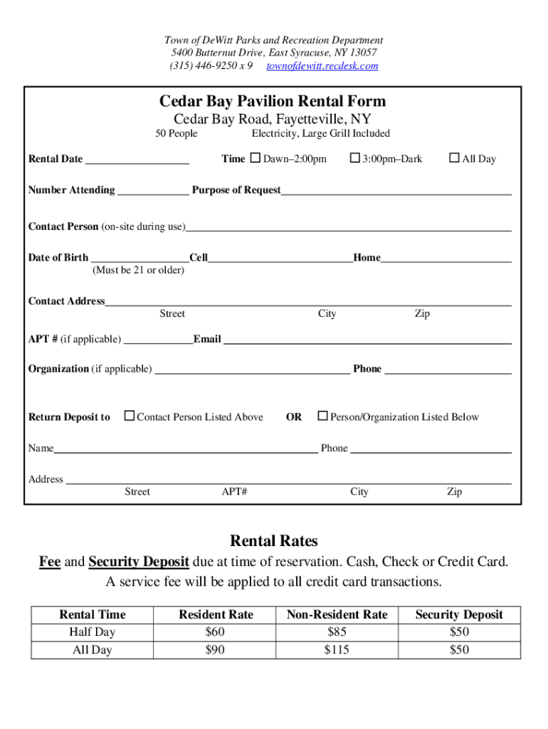Fillable Online Galster Pavilion, Ryder Park Rental Form 5400 Butternut ...