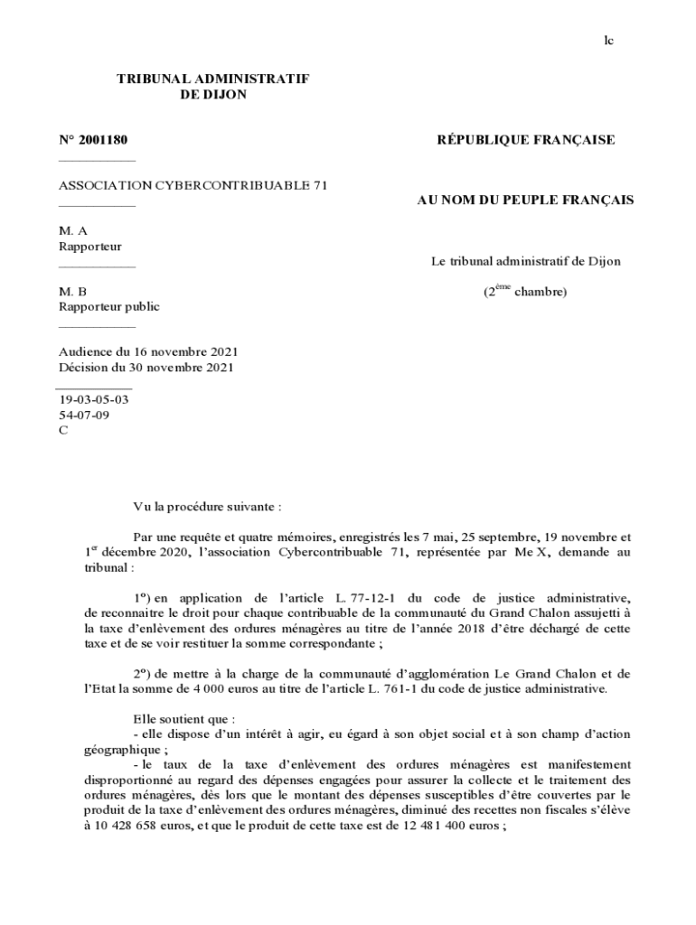 Fillable Online TRIBUNAL ADMINISTRATIF DE DIJON N 2001180 ... - Conseil ...