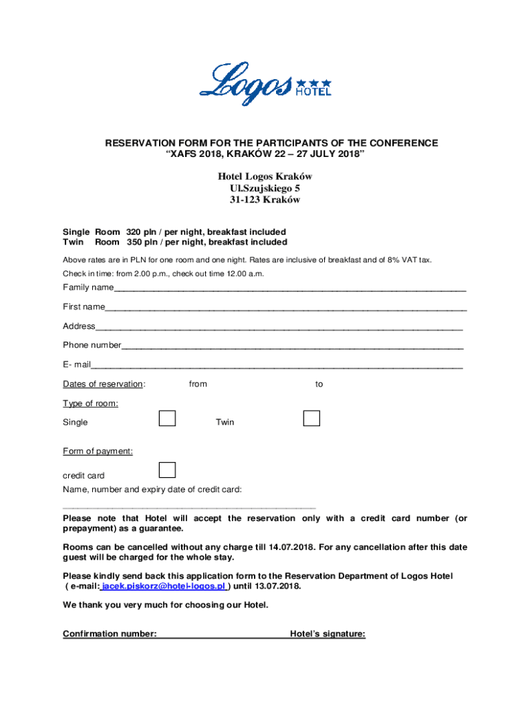 Fillable Online HOTEL LOGOS RESERVATION FORM XAFS2018 Fax Email Print ...