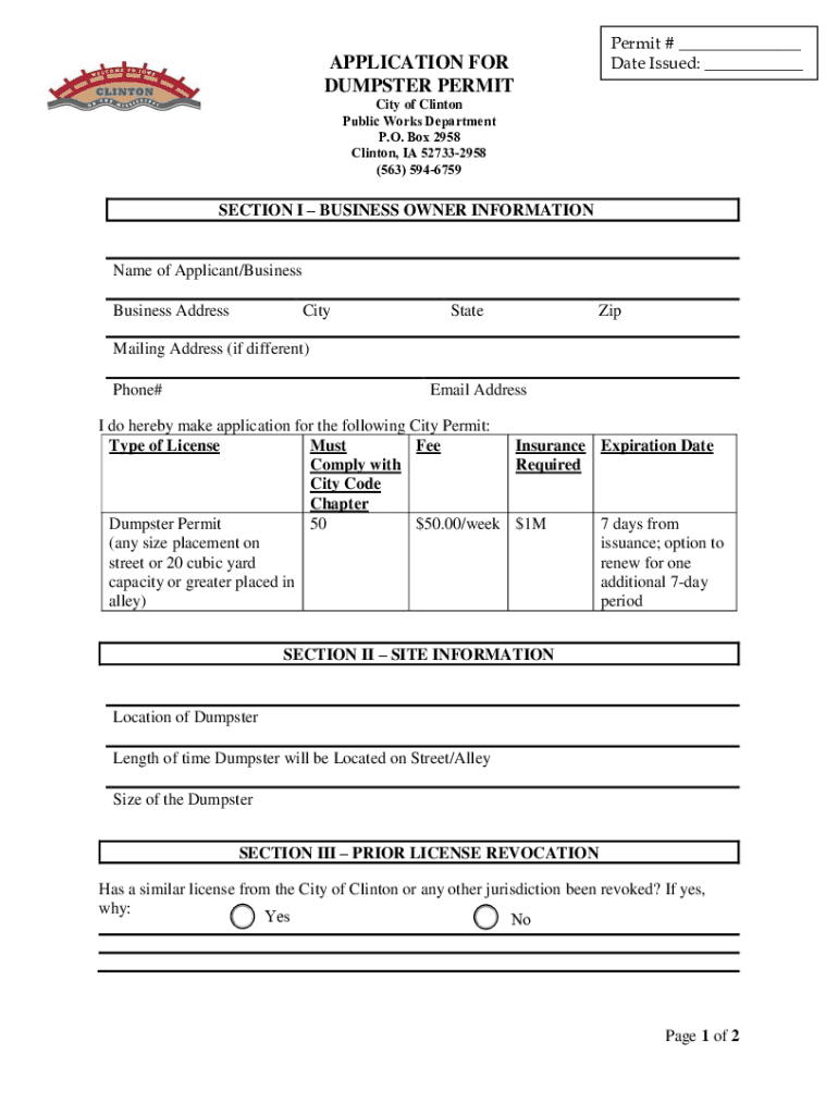 Fillable Online fill.ioDumpster-Permit-ApplicationFill - Free fillable Dumpster Permit ...