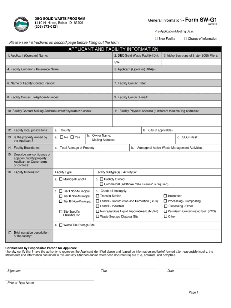 Fillable Online www2 deq idaho DEQ SOLID WASTE Form PROGRAM General ...