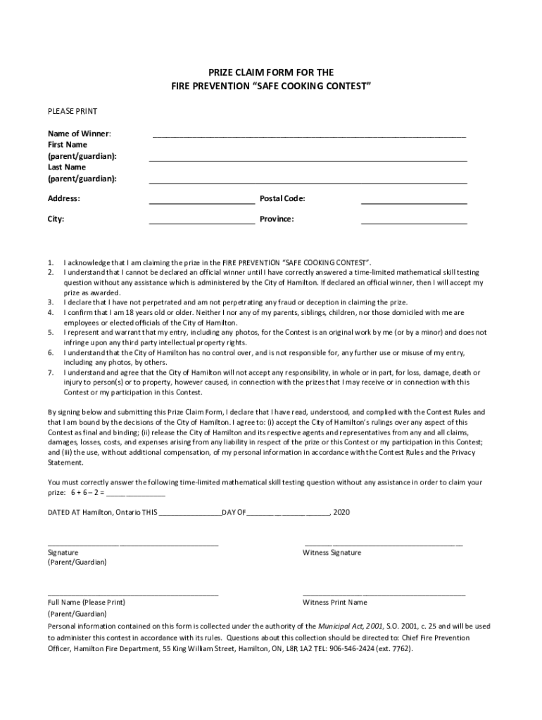 Fillable Online PRIZE CLAIM FORM FOR THE FIRE PREVENTION SAFE COOKING ...