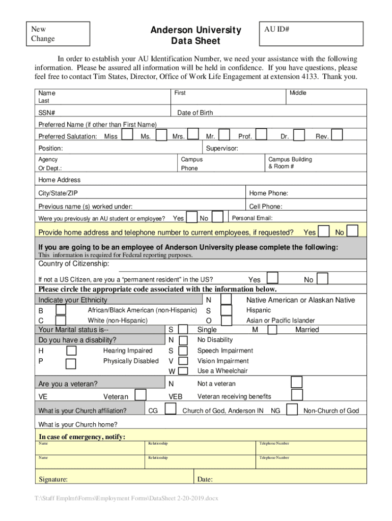 Fillable Online anderson.eduuploadshrNew AU ID# Anderson University Change Data Sheet Fax Email ...
