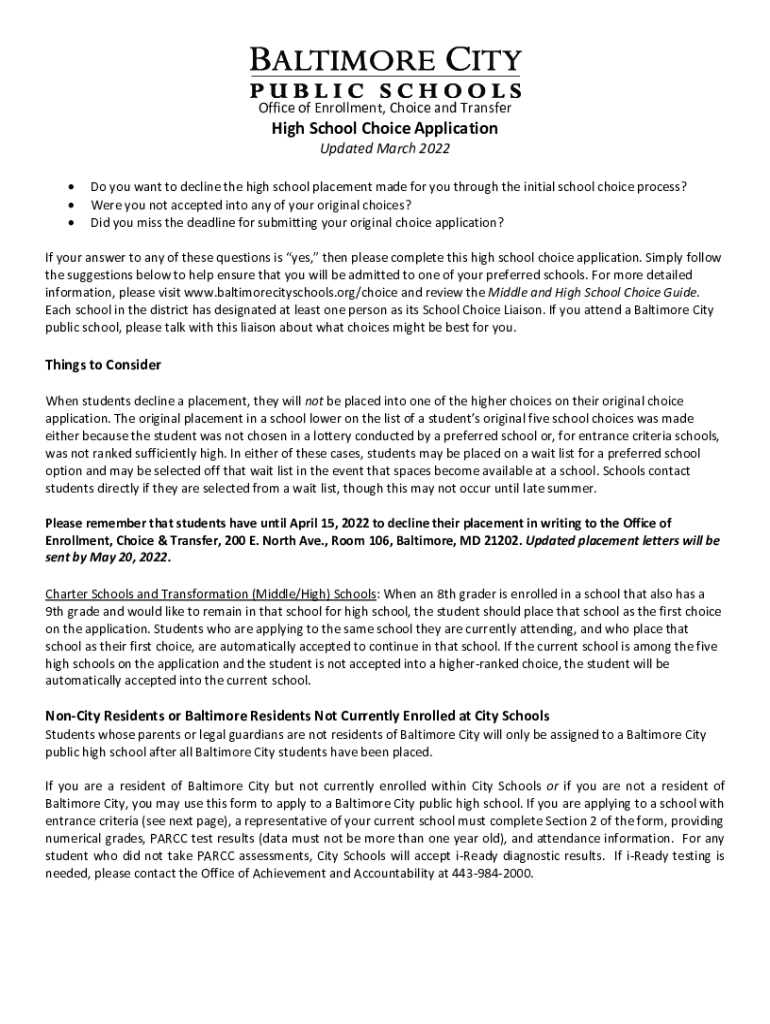 Fillable Online Office of Enrollment, Choice and Transfer High School ...