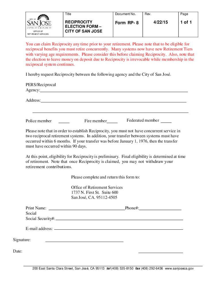 Fillable Online Form RP- 8 4/22/15 1 of 1 You can claim Reciprocity any ...