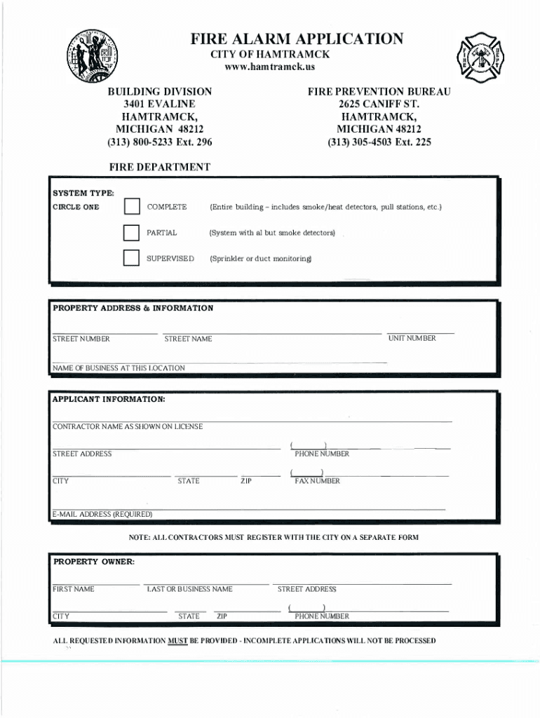 Fillable Online FIRE ALARM APPLICATION - Hamtramck, Michigan Fax Email ...