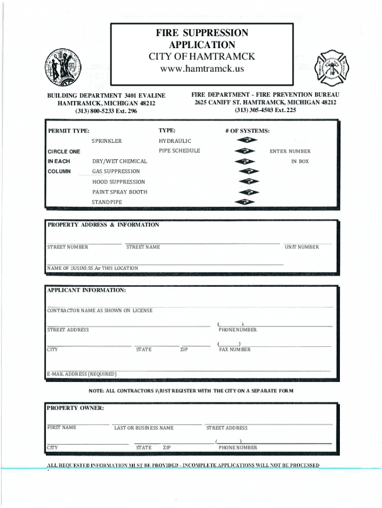 Fillable Online hamtramck.us wp-content uploadsFIRE SUPPRESSION APPLICATION FIRE ... - Hamtramck ...