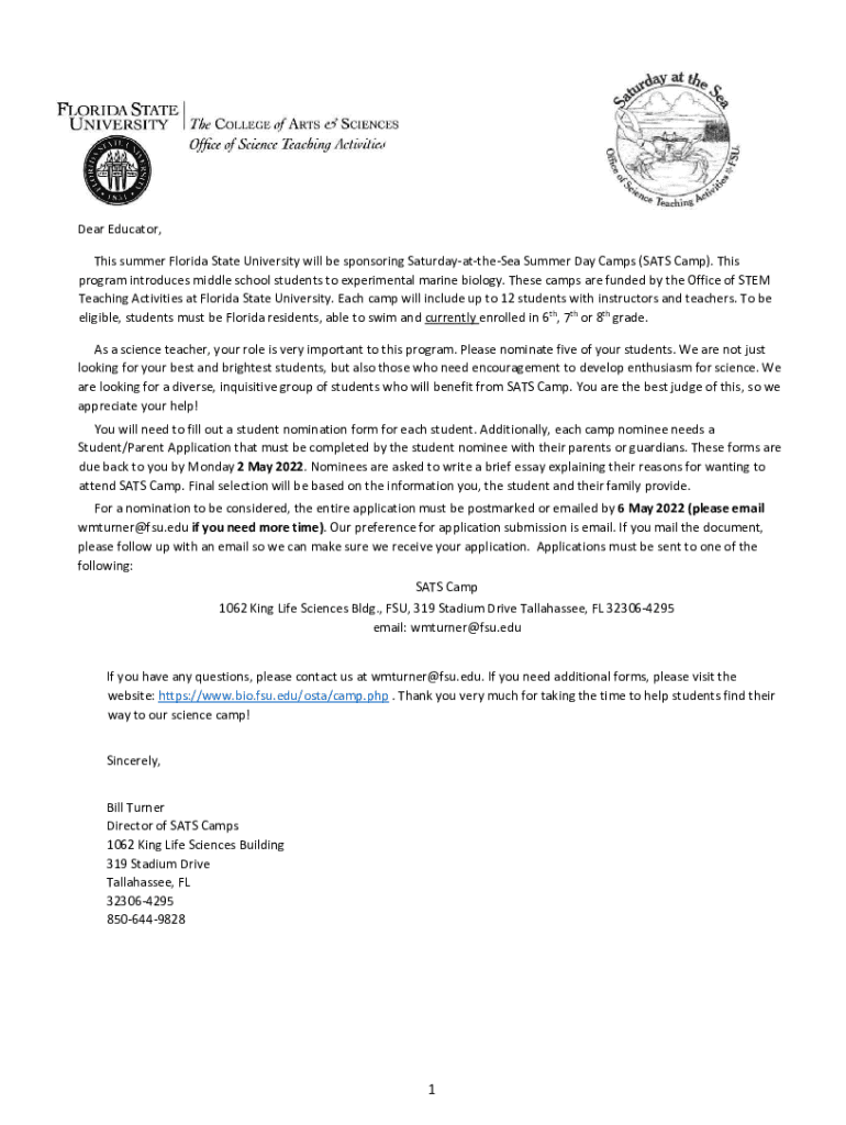 Fillable Online FSU SATS CAMP APPLICATION FORM - Florida State ...