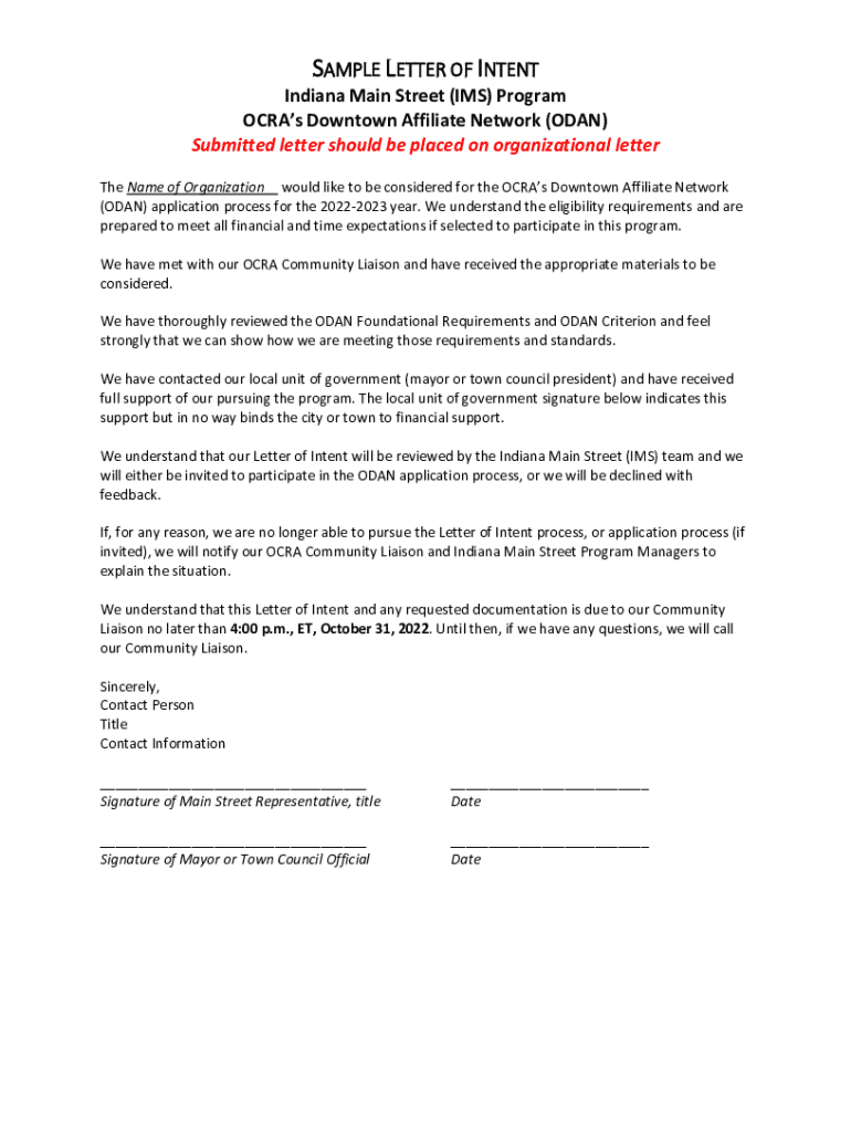 Fillable Online www.in.govisdhfilesLETTER OF INTENT TEMPLATE Project ...