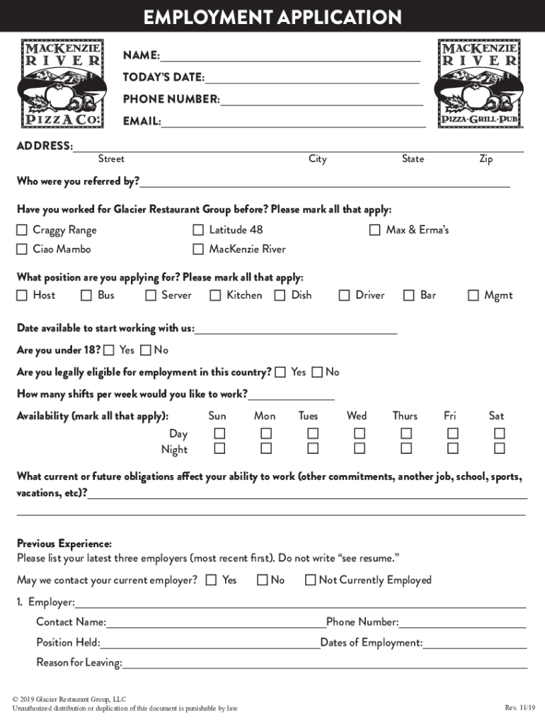 Fillable Online EMPLOYMENT APPLICATION - Max and Erma's Fax Email Print - pdfFiller