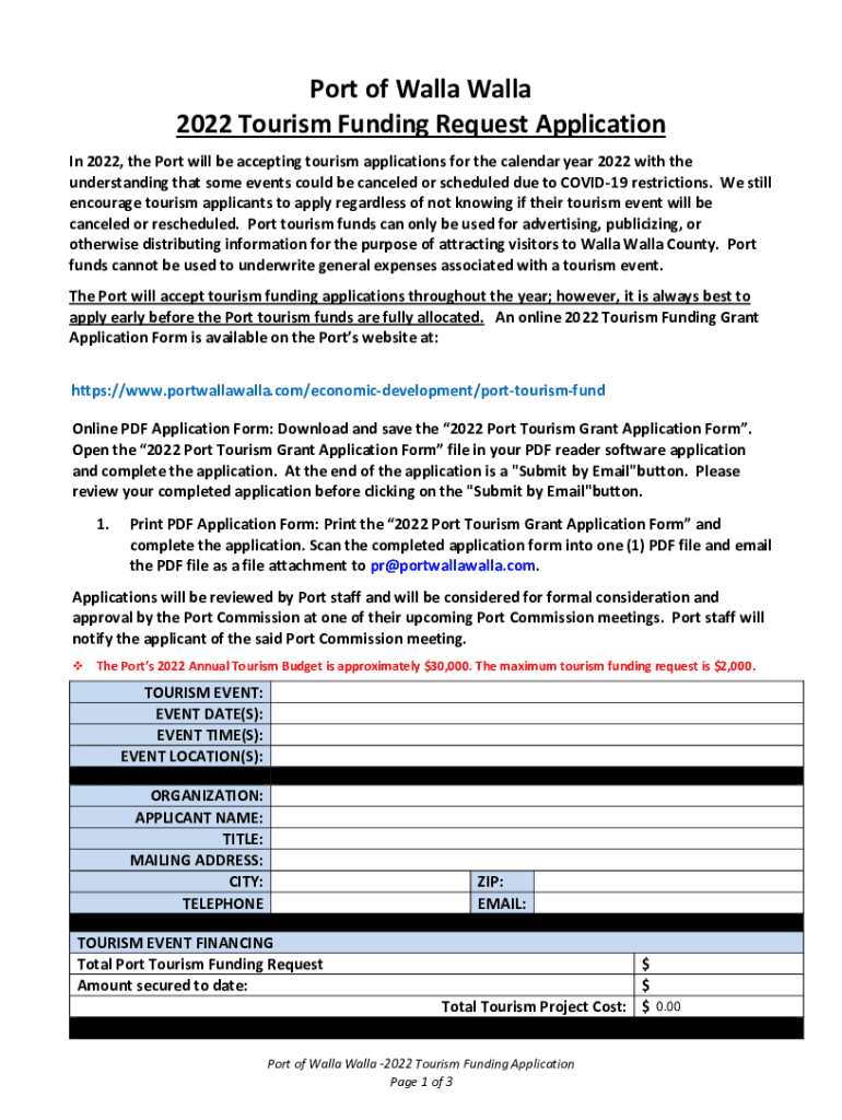 Fillable Online Port of Walla Walla 2022 Tourism Funding Request Application Fax Email Print ...