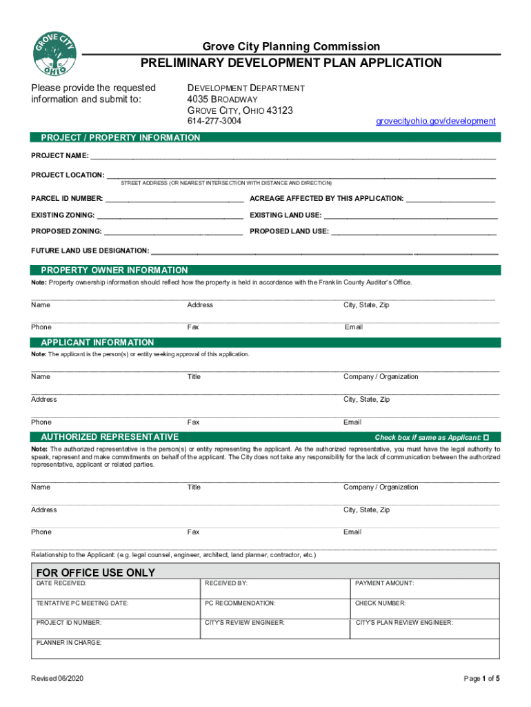 Fillable Online Grove City Planning Commission PRELIMINARY DEVELOPMENT ...