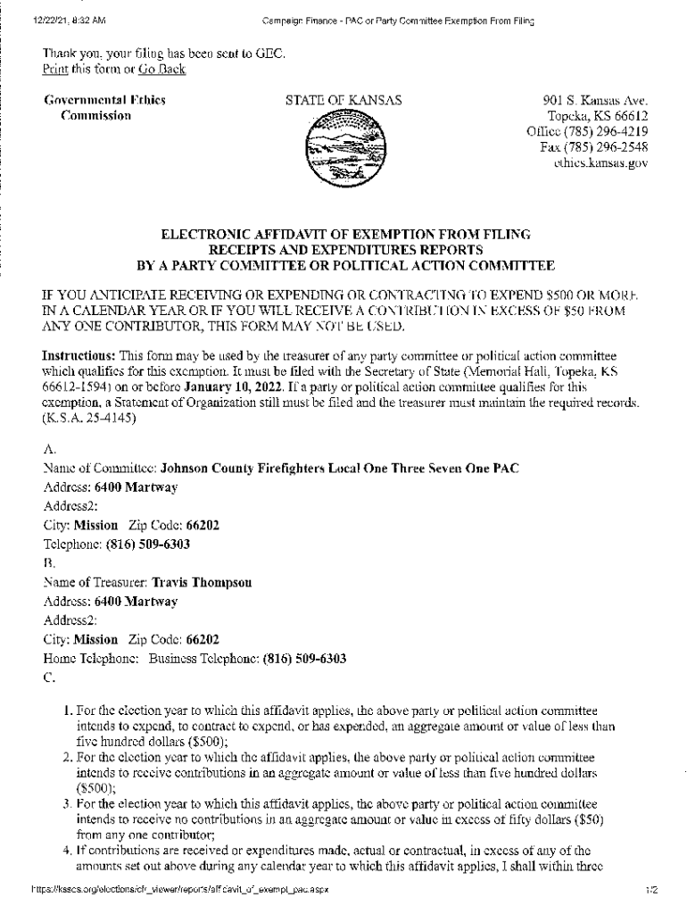 Fillable Online ethics ks ethics.ks.govAffidavitsPAC788Aff2201ELECTRONIC AFFIDAVIT OF EXEMPTION ...