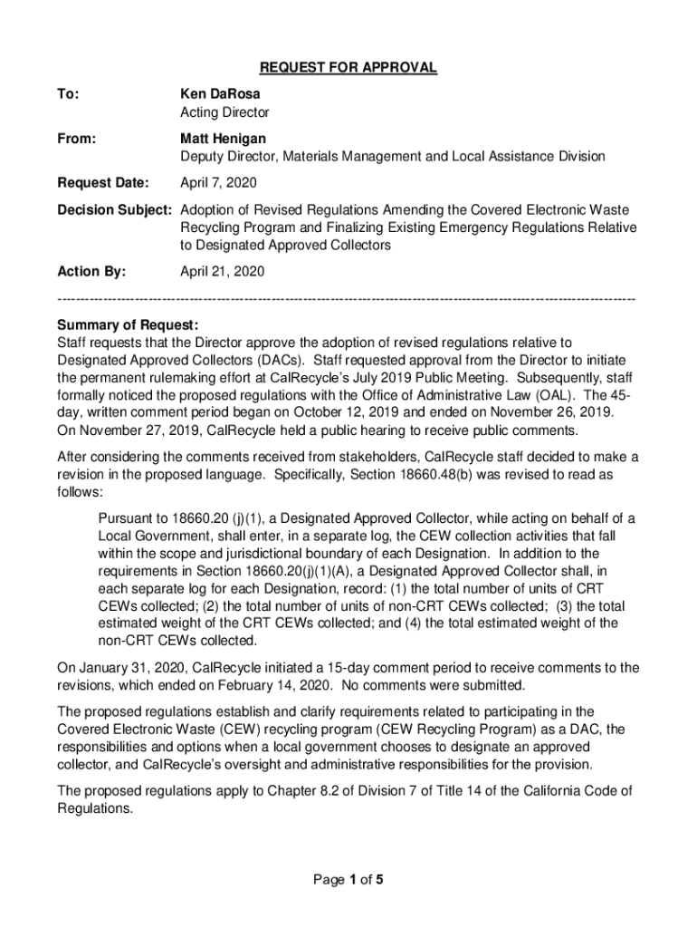 Fillable Online www2 calrecycle ca Request for Approval on the Adoption of Revised Regulations ...