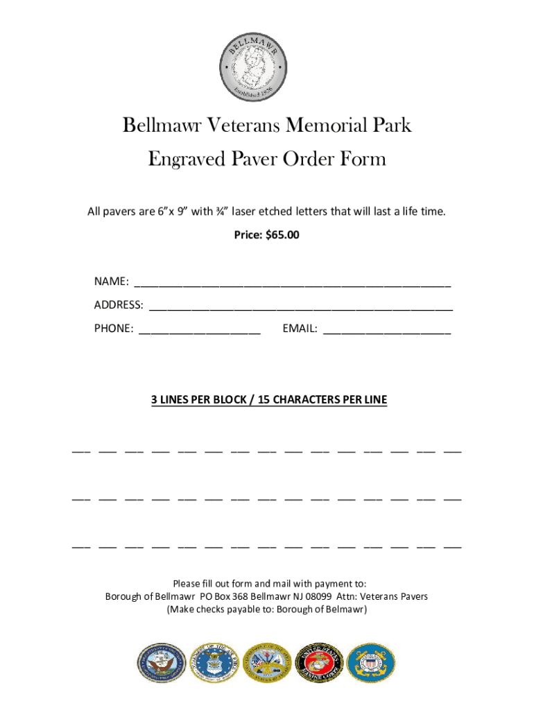 Fillable Online Bellmawr Veterans Memorial Park Engraved Paver Order Form Fax Email Print ...
