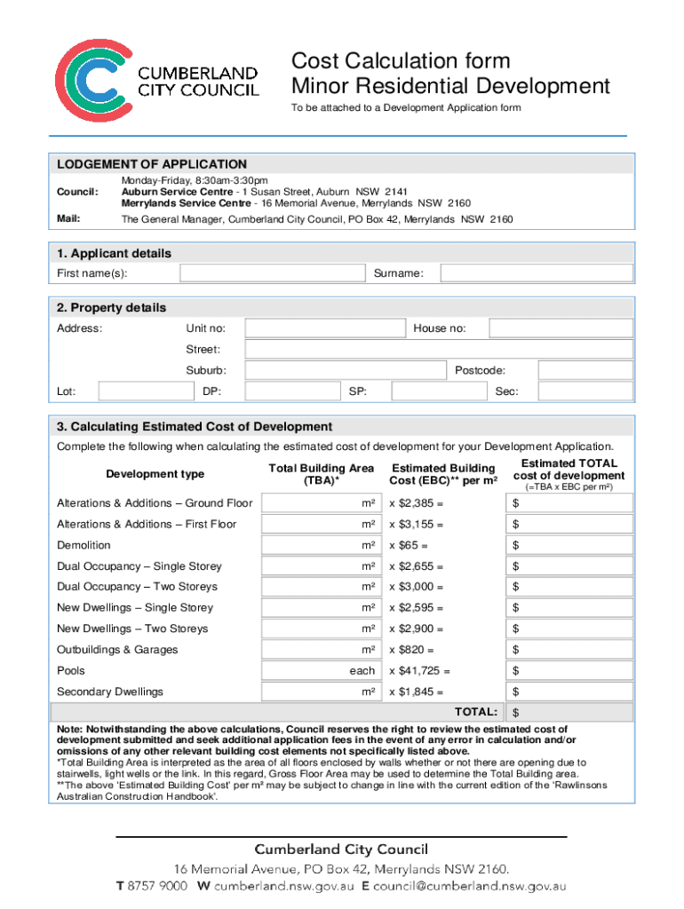 Fillable Online Cost Calculation form Minor Residential Development Fax Email Print - pdfFiller