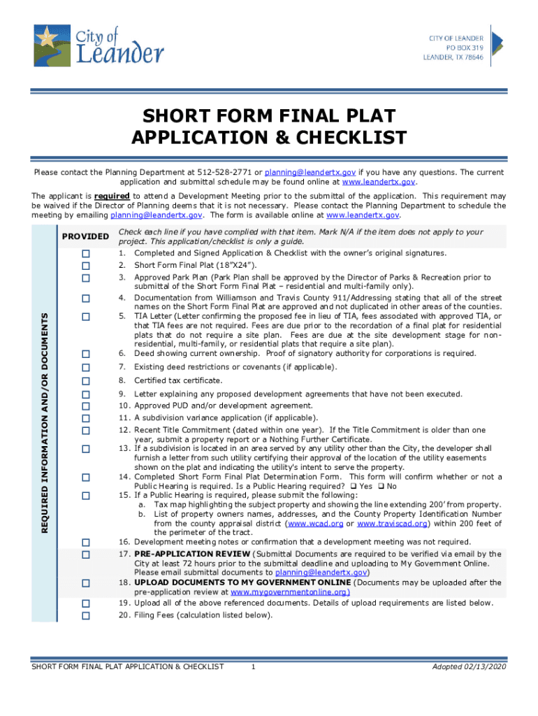 Fillable Online Short Form Final Plat Application and Checklist 02.13. ...