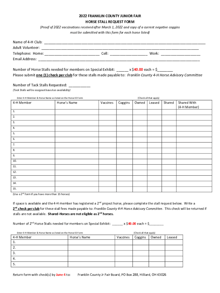 Fillable Online franklin osu 2022 FRANKLIN COUNTY JUNIOR FAIR HORSE ...