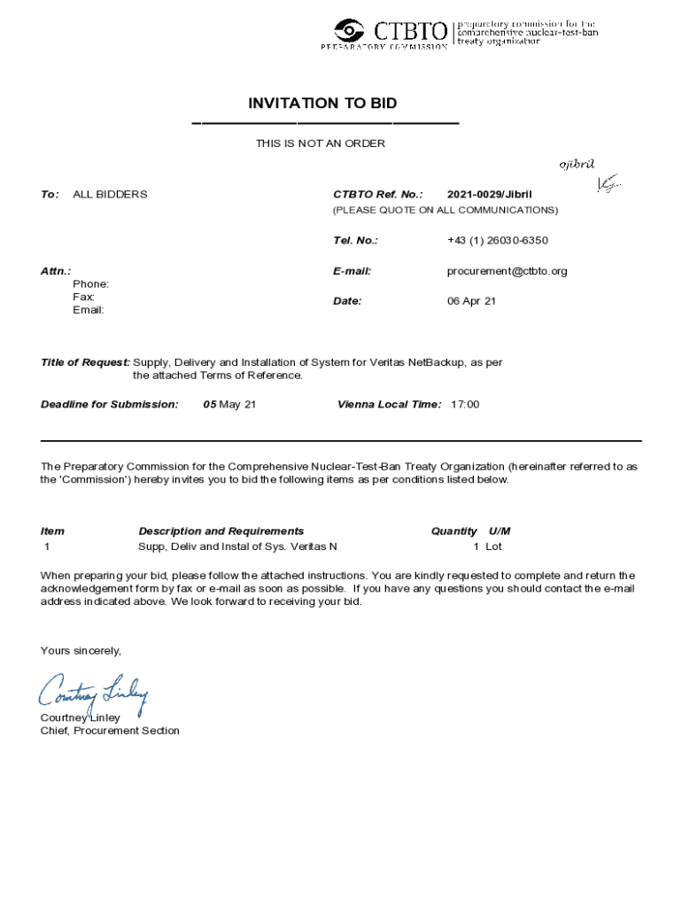 Fillable Online INVITATION TO BID - Preparatory Commission for the Comprehensive ... Fax Email ...