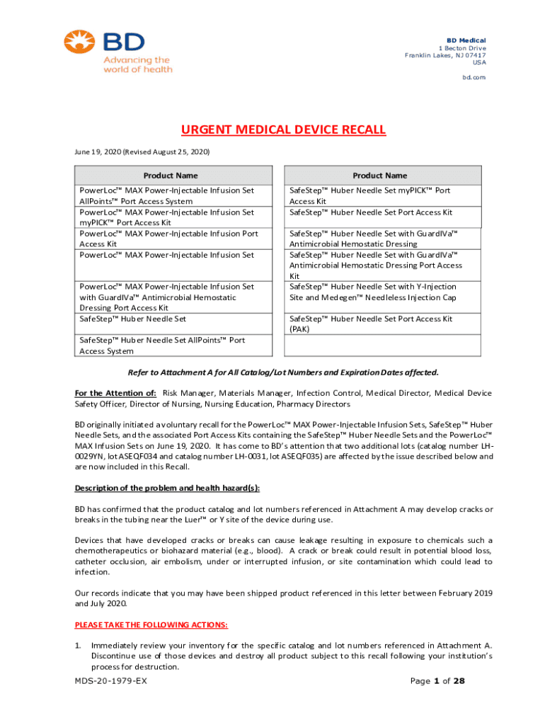 Fillable Online URGENT MEDICAL DEVICE RECALL - BD Fax Email Print - pdfFiller
