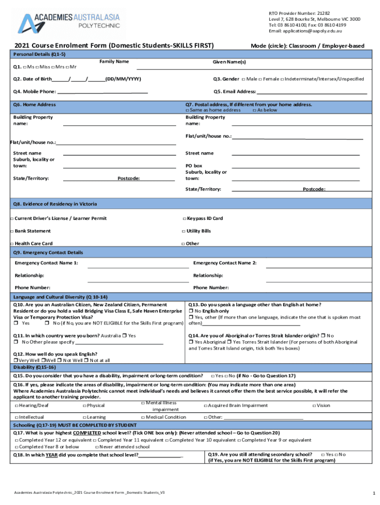 Fillable Online 2021 Course Enrolment Form (Domestic Students-SKILLS ...