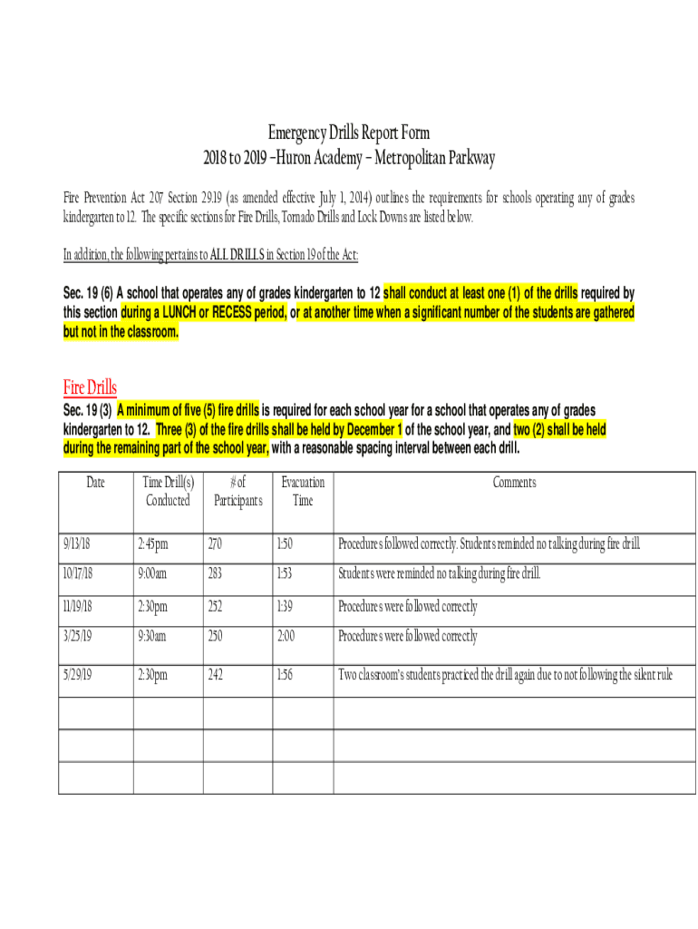 Fillable Online Emergency Drills Report Form 2018 to 2019 Huron Academy ...