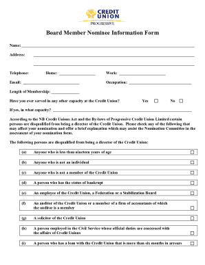 Fillable Online Board Member Nominee Information Form - progressivecu ...