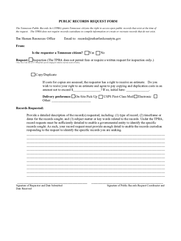 Fillable Online Public Records Request Form - Tennessee Fax Email Print ...