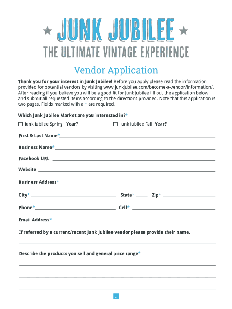 Fillable Online Vendor Application - Junk Jubilee Fax Email Print ...