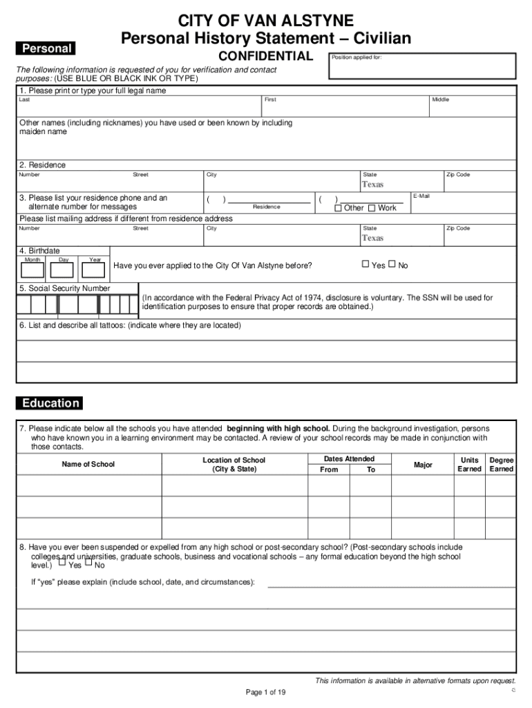 Fillable Online CITY OF VAN ALSTYNE Personal History Statement Civilian Personal ... Fax Email ...