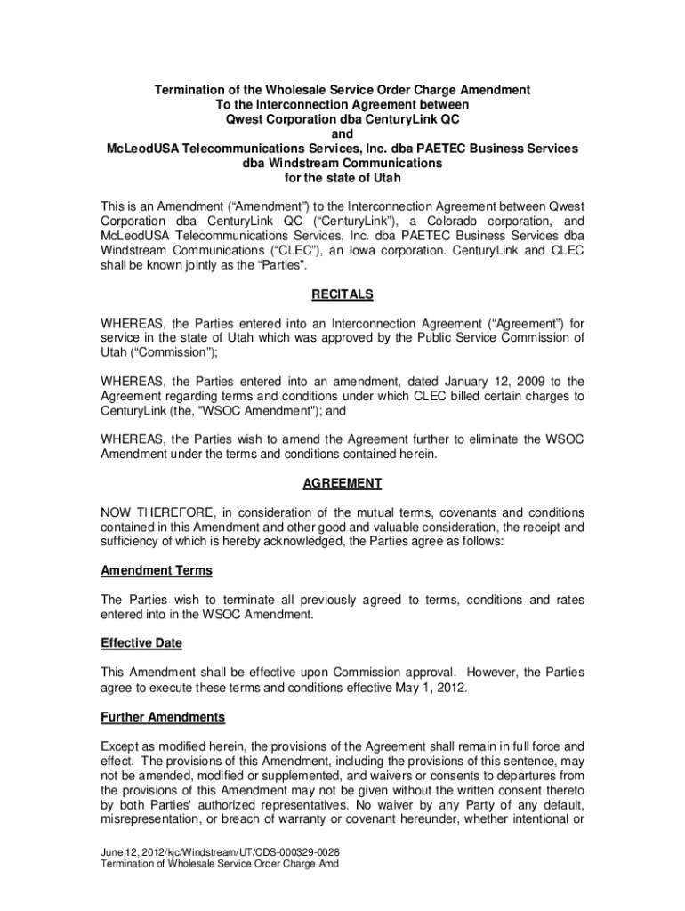 Fillable Online Termination of the Wholesale Service Order Charge ...