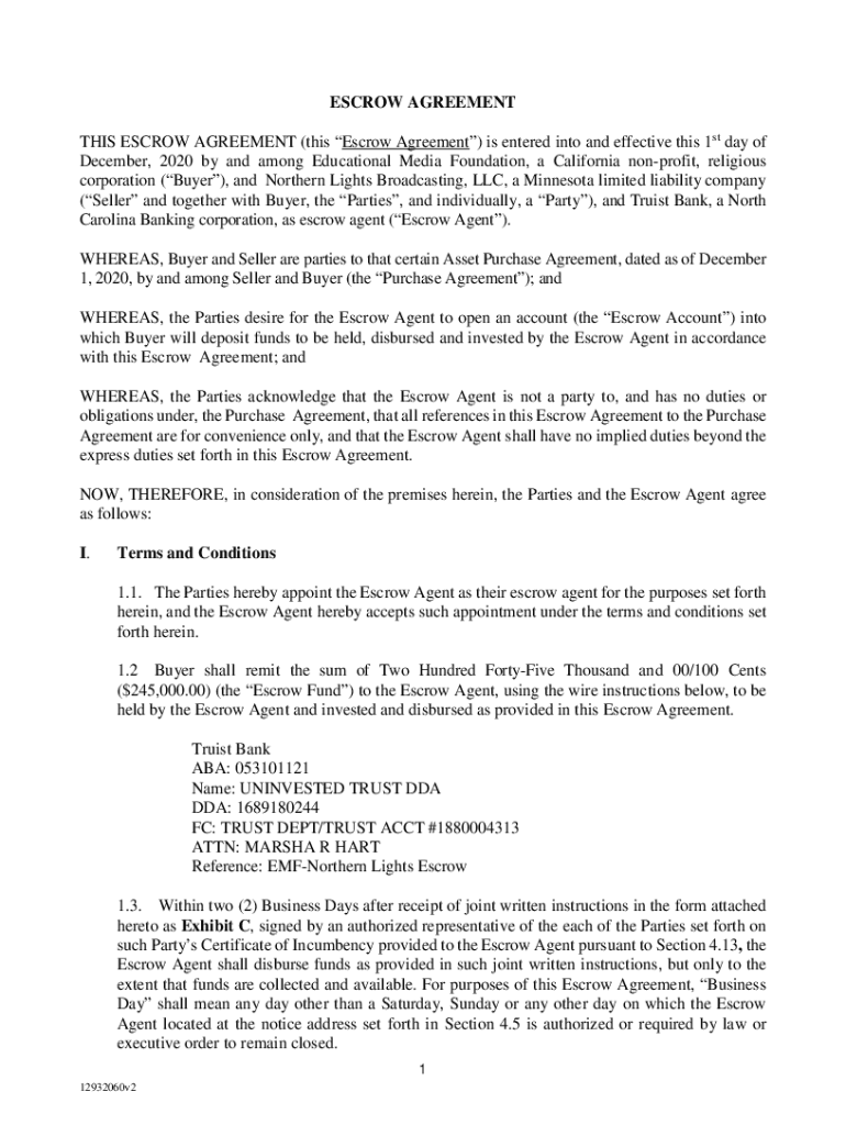 Fillable Online enterpriseefiling fcc Escrow Agreement Sample ...
