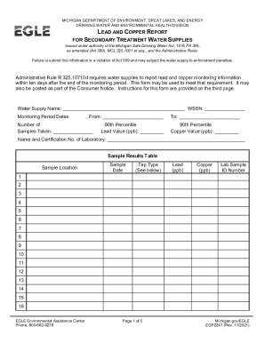 Fillable Online Lead and Copper Report for Secondary Water Supplies ...
