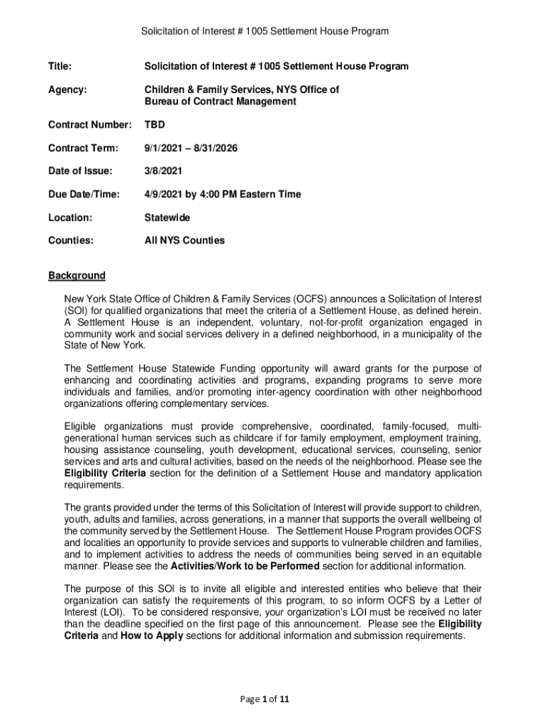 Fillable Online Solicitation of Interest # 1005 Settlement House ...
