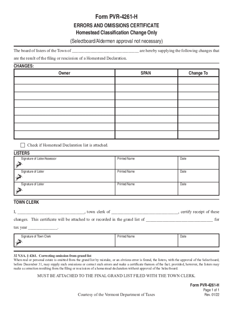 Fillable Online tax vermont VT Form PVR-4261-H "Errors and Omissions ...