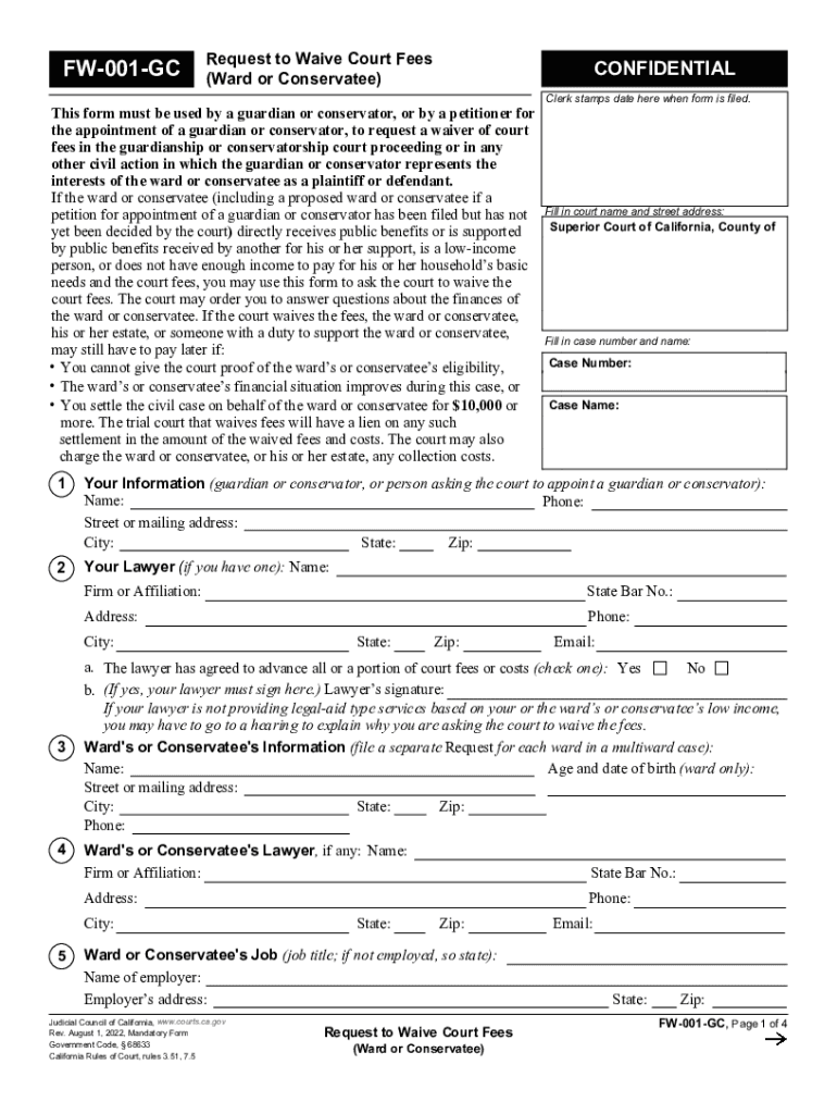 Fillable Online FW-001-GC Request to Waive Court Fees (Ward or ...