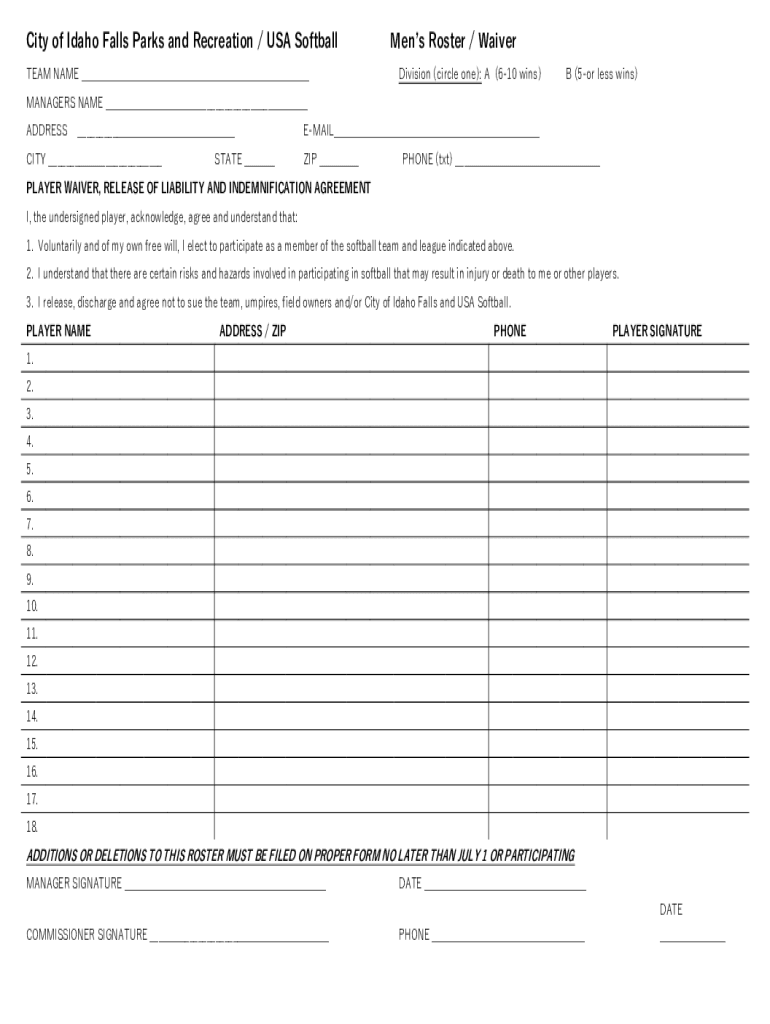 Fillable Online City of Idaho Falls Parks and Recreation / USA Softball ...