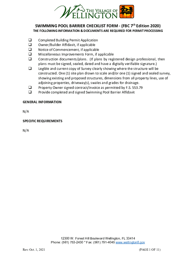 Fillable Online SWIMMING POOL BARRIER CHECKLIST FORM - (FBC 7th Edition ...